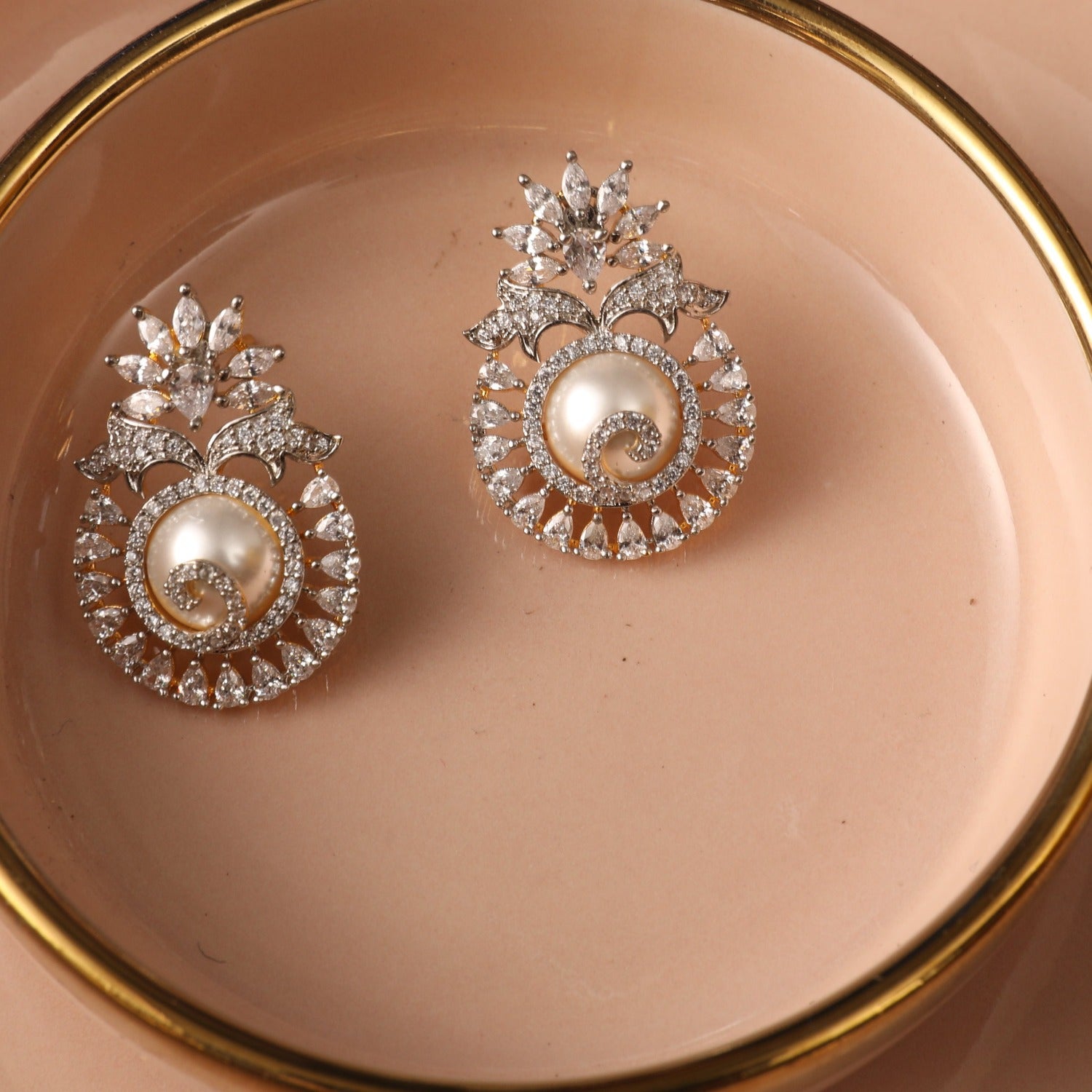 Tarinika Helmi CZ Pearl Stud Earrings Indian Jewelry