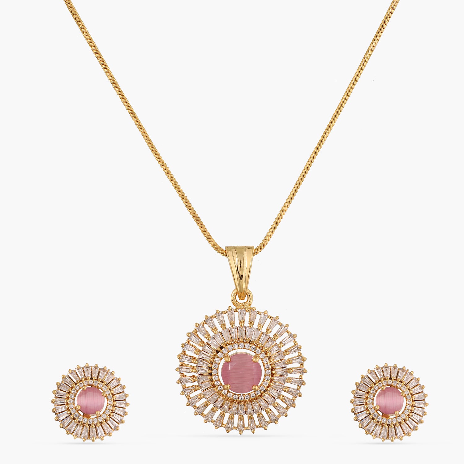 Tarinika Aglow Delicate CZ Pendant Set Yellow Gold Polish with Pink variant Indian Jewelry
